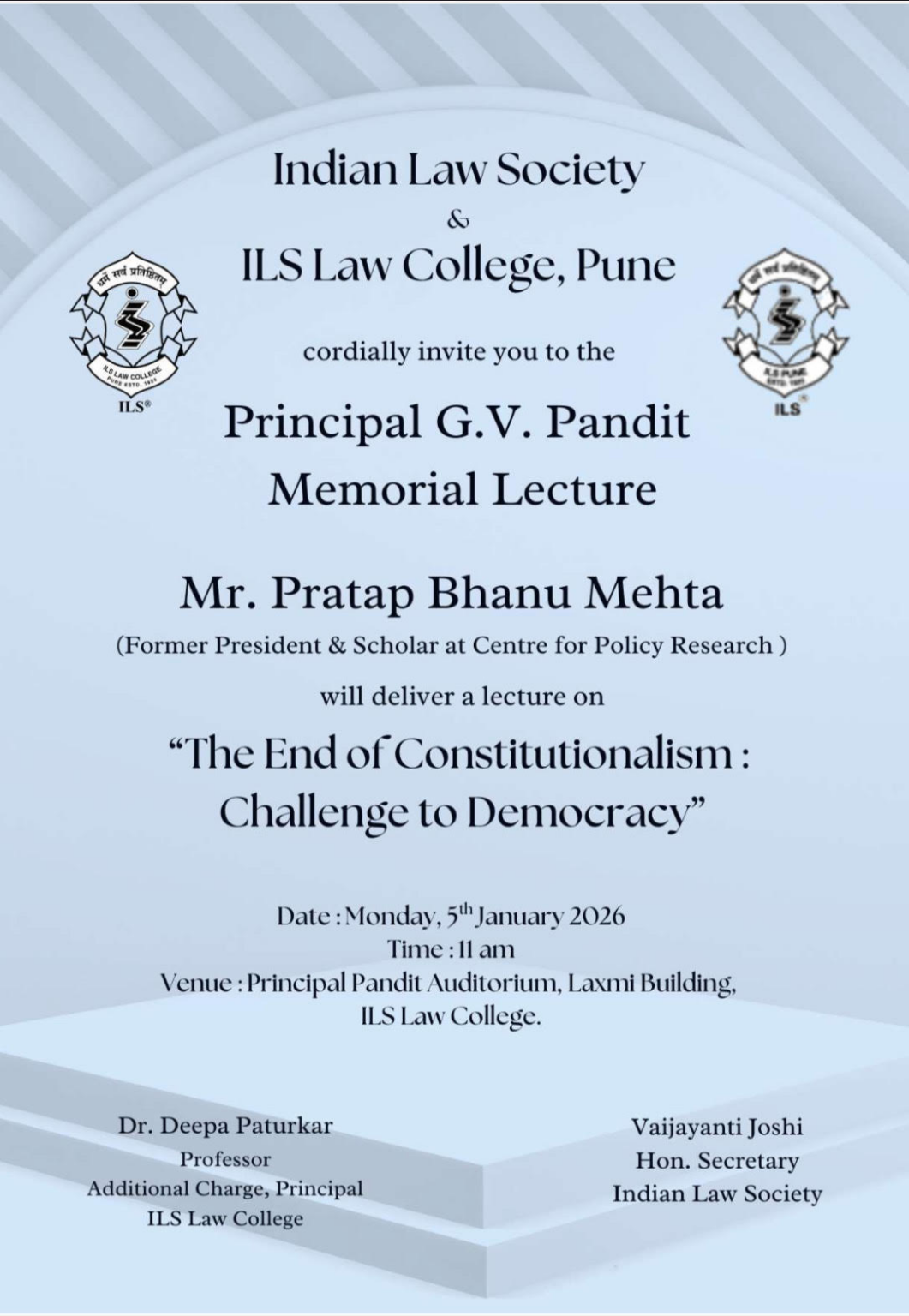 Invitation for Principal G.V. Pandit Memorial Lecture : 11.00 am, 5th ...